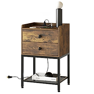 HOSEOKA Nightstand with Charge Station and USB Ports, Modern Bedside Table with 2 Drawers & Storage Shelves, Wooden Accent Night Stand with Metal Frame, Vintage End Table for Bedroom, Brown
