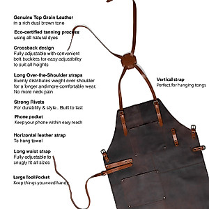 Theodore Top Grain Leather Apron - 32.5” H x 24.5” W with Adjustable Crossback Leather Straps. Our Leather Apron for Men has 2 Large Pockets and a Towel Strap. Grill Apron is Flame & Heat Resistant