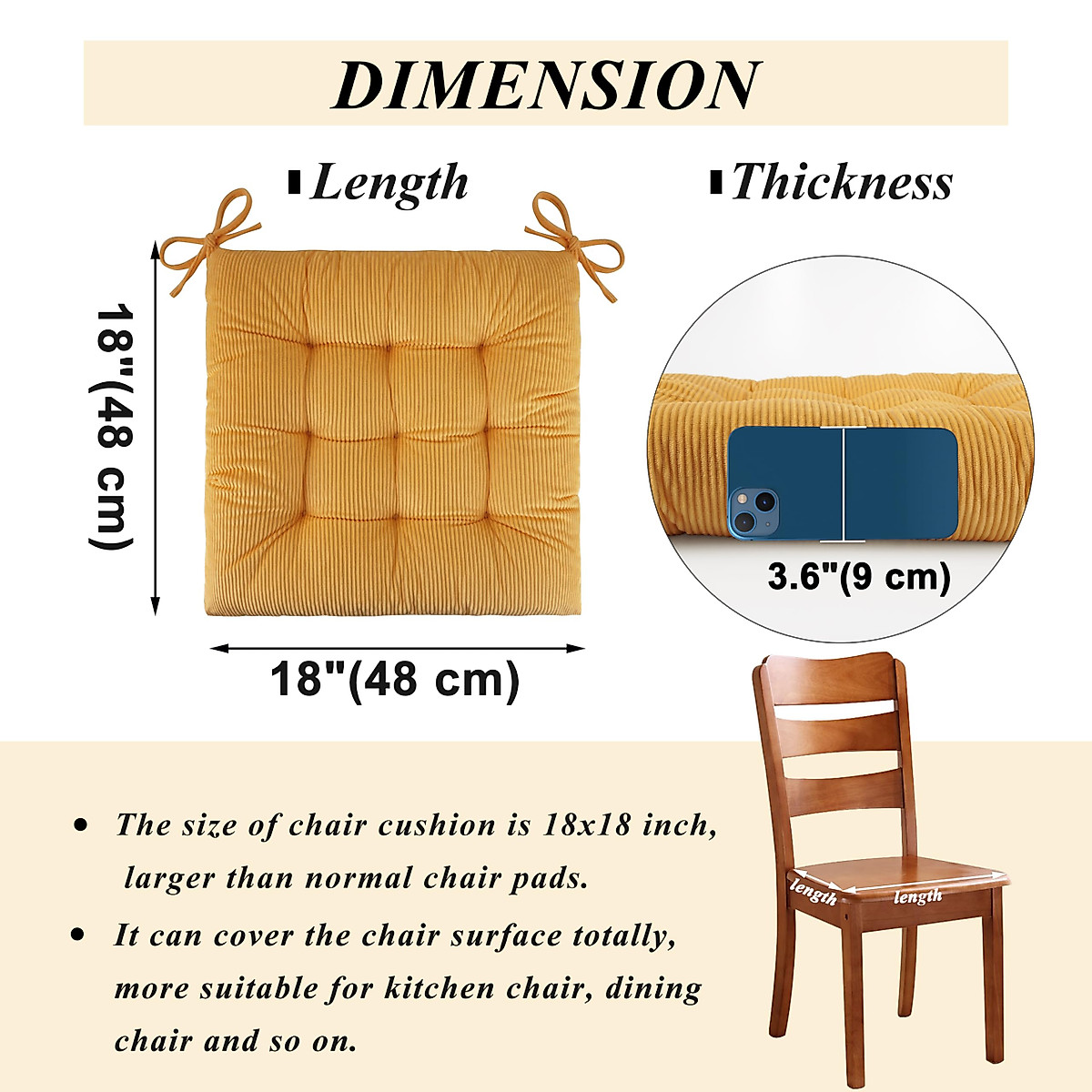 FlyGulls Set of 4 Chair Cushions for Dining Chairs 18" x 18" Corduroy Chair Seat Cushion for Office and Kitchen Chair Comfort Chair Cushion for Long Sitting (Yellow)