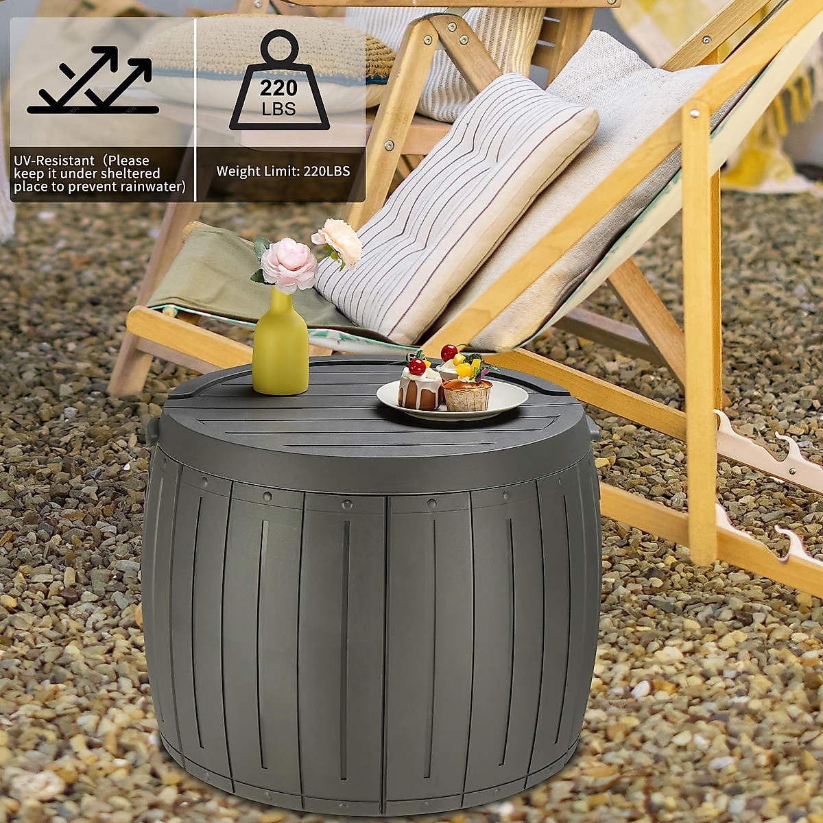 Pinikuyiro 36 Gallon Round Deck Box, Outdoor Storage Box for Patio Furniture,Patio Table for Cushion, Pool Accessories, Outdoor Toys, Easy Assembly & Lightweight, Grey