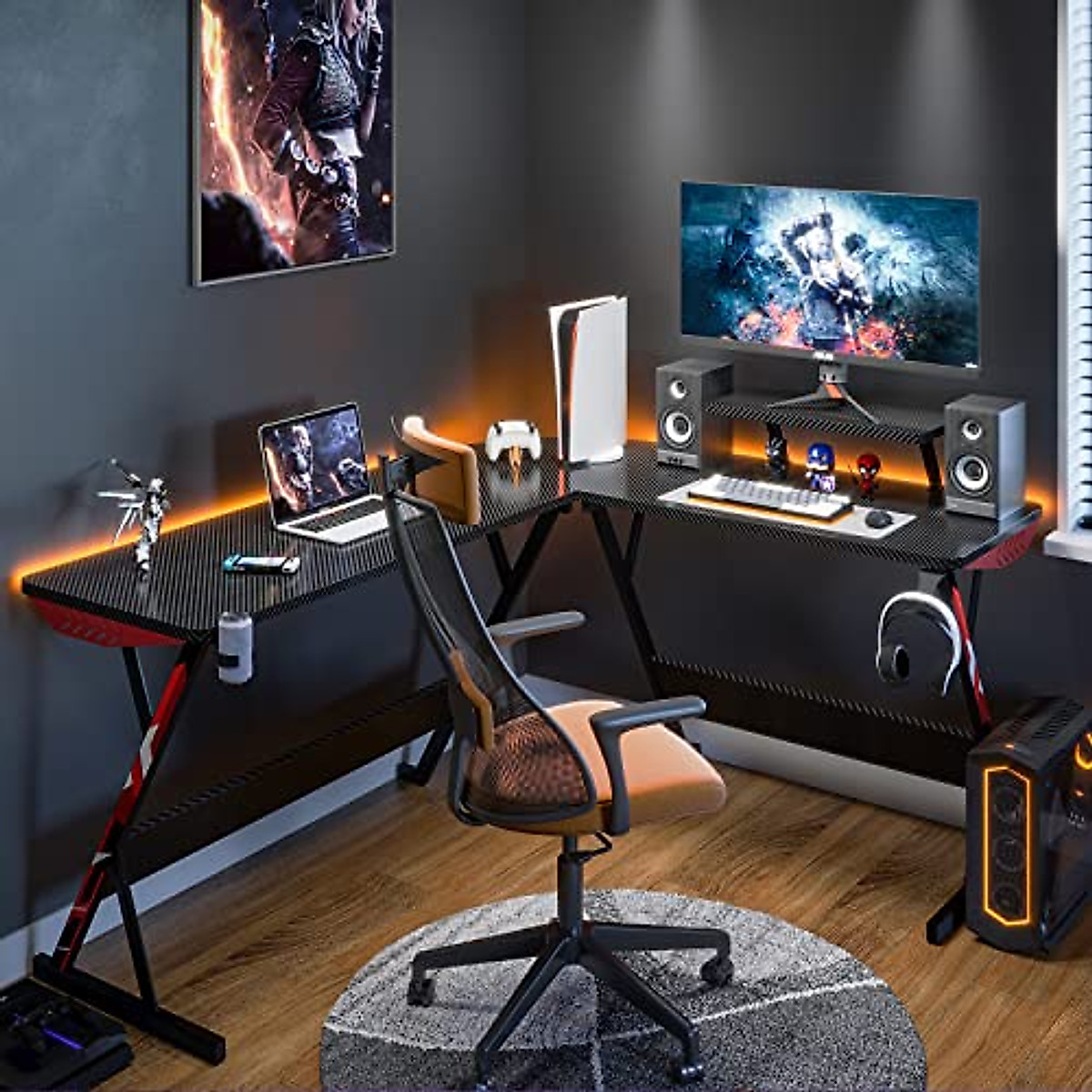 MOTPK L Shaped Gaming Desk 58 Inch, Gaming Computer Desk L Shape with Carbon Fiber Surface, Gamer Desk Gaming Table with Monitor Shelf, Cup Holder & Headphone Hook, Black