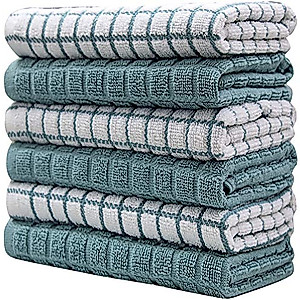 Kitchen Towels 16"x 28" | Dish Towels | Kitchen Hand Towels | Large Dishcloths Set | Highly Absorbent Tea Towel, Soft with Hanging Loop | Natural Ring Spun Cotton, 380 GSM | Aqua Check Design - 6 Pack