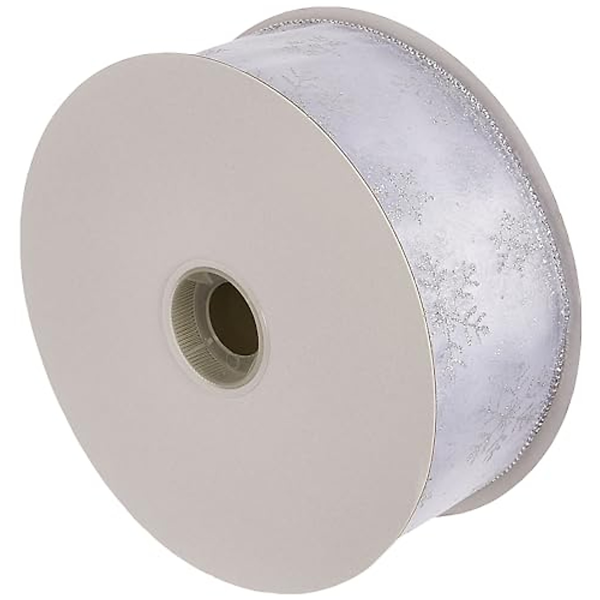Morex Ribbon 7405.60/50-701 Snowflake 2.5" X 50 YD Nylon Sheer Wired Glitter Ribbon, White/Silver, Ribbon Art Supplies for Christmas Decorations, Indoor Christmas Ribbon for Gift Wrapping Art Set