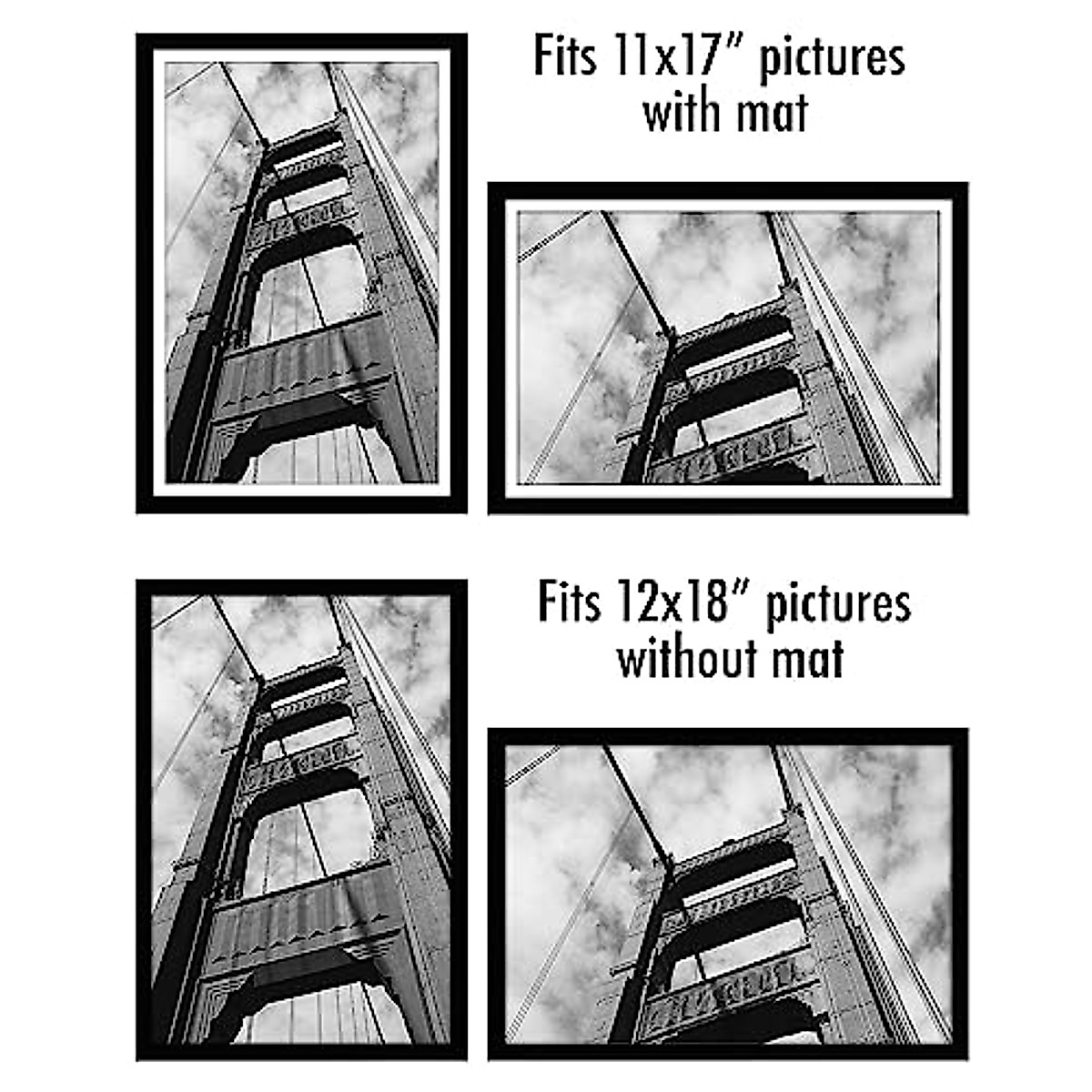 Americanflat 12x18 Picture Frame in Black - Set of 2 - Use as 11x17 Picture Frame with Mat or 12x18 Frame Without Mat - Includes Sawtooth Hanging Hardware for Horizontal or Vertical Display