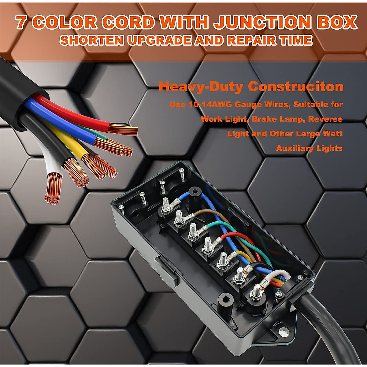 7 Pin Trailer Plug Wiring Harness （6ft）with 7 Gang Waterproof Junction Box, Heavy Duty 7 Way RV Trailer Replacement Wiring Harness Kit