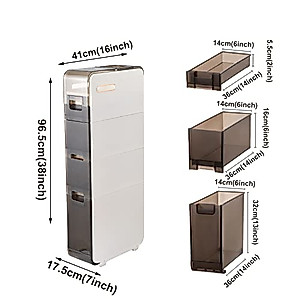 FRGBAKLI 4 Tier Slim Drawer Storage Tower, Narrow Toilet Paper Storage Cabinet Large Capacity with Clear Drawers and Casters Bathroom Floor Cabinet Storage Cart for Bathroom, Laundry Room, Kitchen