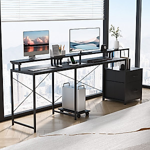 WASAGUN L Shaped Desk with 2 Fabric Drawers, Power Outlet & USB Ports, Corner Gaming Desk with LED Light, Reversible Computer Desk with Monitor Stand & Hook, Home Office Work Desk, Black