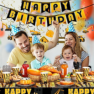Ctosree 179 Pieces Construction Birthday Party Supplies Dump Truck Party Decorations for Boys Kids Included Banner Tablecloth Hanging Swirls Plates Cups Napkins Forks Spoons Knife Tableware Set for 24