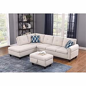 Devion Furniture Polyester Fabric Sectional Sofa with Lift-top Storage Ottoman, Tufted Design, in Beige Finish