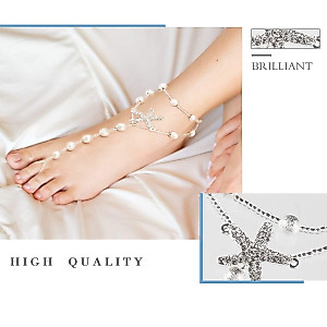 2 Pairs Barefoot Sandals- Beach Anklet Chain with Starfish for Women Lady's Beach Wedding Foot Jewelry Party Accessories (rhinestone+seastar)