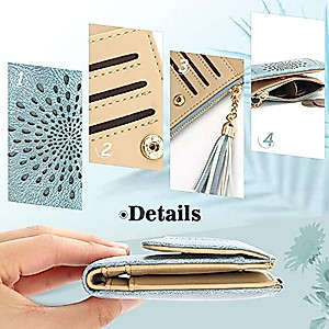 APHISON Small Wallet for Women, Sunflower RFID Slim Womens Wallet Leather Cute Wallets Compact Bifold Teen Girls Zipper Tassel Coin Purse ID Card Holder Blue