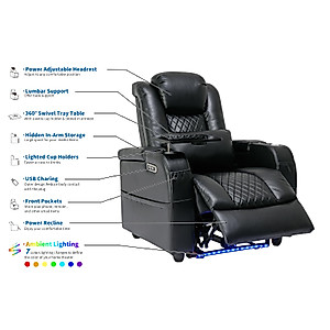 Airadlis Home Theater Seating Seats, Game Movie Theater Chairs Theater Recliner Sofa with 7 Colors Ambient Lighting, Lumbar Pillow, Side Pocket, Tray Table, Power Recline, Black