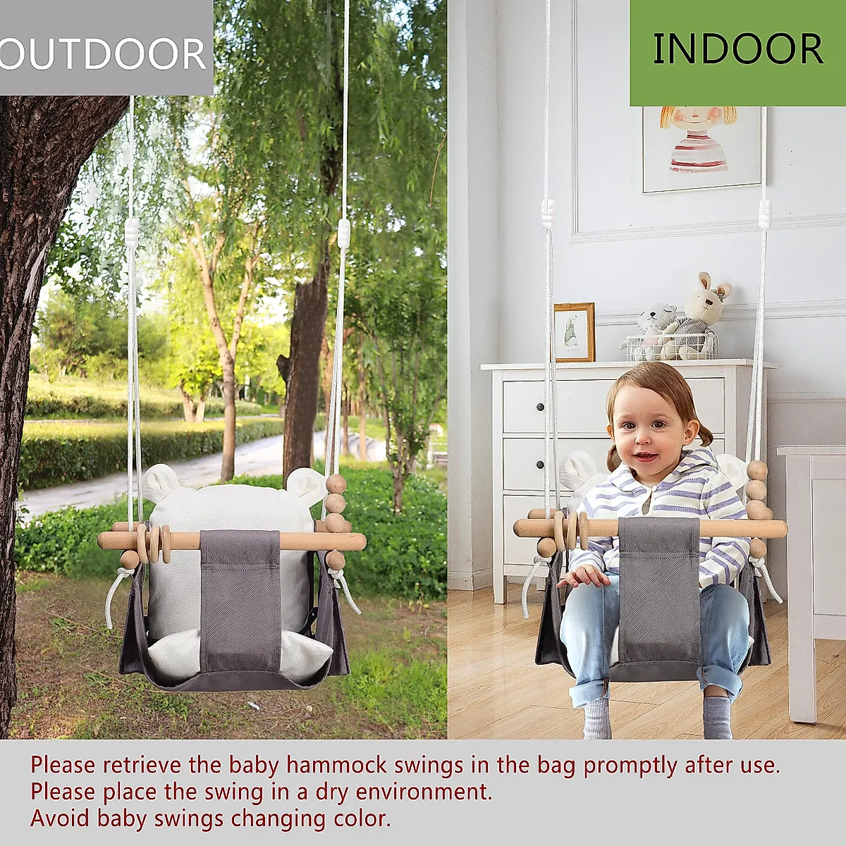 Canvas Baby Hanging Swing Baby Hammock Swings with 2 Side Pockets Safety Belt & Cotton Cushion Seat Infant Baby Swing Fabric Toddler Porch Swing Outside Hanging Baby Tree Swingoor Swings