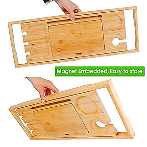 Diosbles Bathtub Caddy Tray Expandable Bamboo Bath Tub Tray Caddy Extendable Bathtub Holders Organizers with Book Ipad Holder and Phone Candle Wineglass Slots