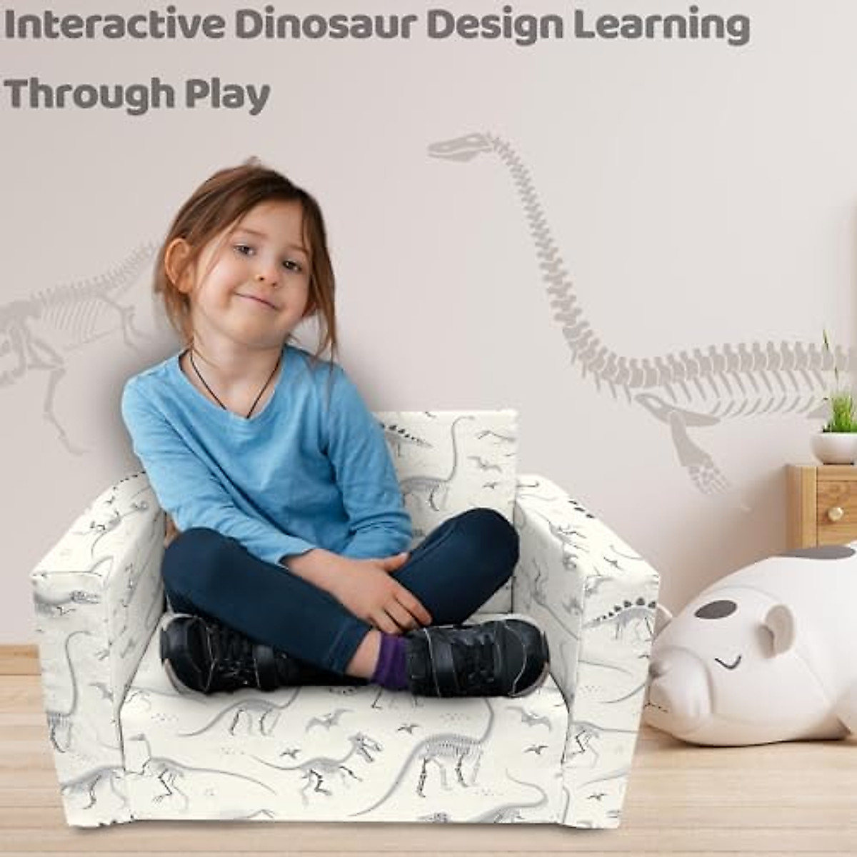 Hän Babos Kids Couch, 2-in-1 Convertible Sofa to Lounger, Comfy Flip-Out Couch Chair/Sleeper Bed for Toddler Boys and Girls (Dinasour Fossil)