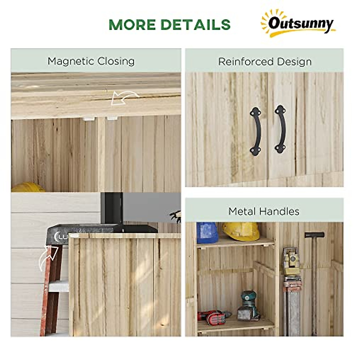 Outsunny Outdoor Storage Cabinet with 3 Shelves, Wooden Garden Shed with Magnetic Double Doors, Tall Vertical Tool Storage for Lawn Care Equipment, 47.25" x 22.5" x 72", Natural
