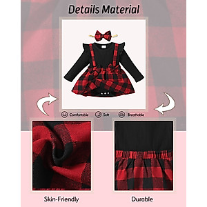 HIGHUZZA 3-6 Month Baby Girl Clothes Newborn Dress Infant Romper Fall Outfits Winter Jumpsuit Girl's Clothing Overall Plaid Stripes Girl Skirt Set with Headband Black