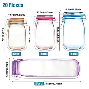 ASTER 20pcs Reusable Mason Jar Ziplock Bags Storage for Food Snack Sandwich, Airtight Seal Leak Proof Food Bag, Resealable Zipper Bottles Shaped Baggies for Kitchen Travel Camping and Kids