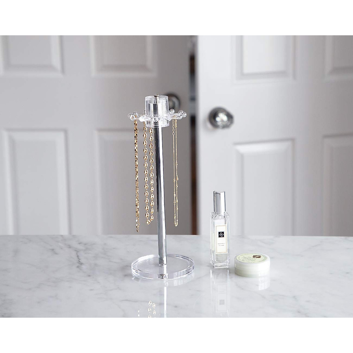 Isaac Jacobs Clear Acrylic Necklace Holder (12 Rotating Hooks) – Hanging Chain Organizer, Sleek & Sturdy Stand for Jewelry – Storage Solution- Bedroom- Bathroom - Countertop - Nightstand