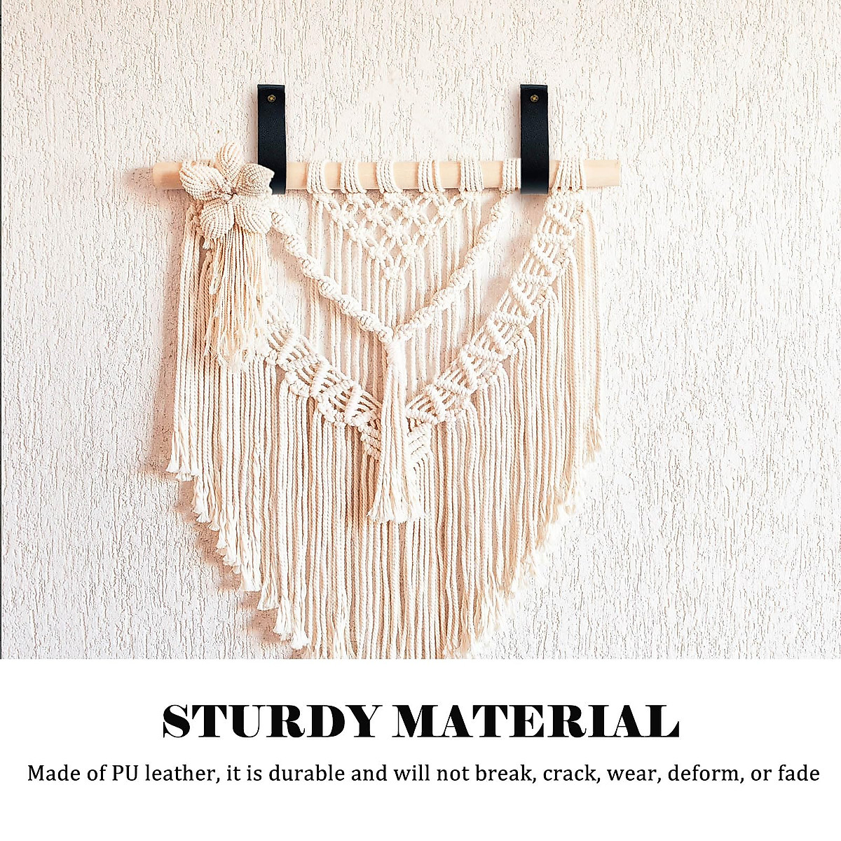 10 Pcs Black Leather Wall Hooks, Leather Curtain Rod Bracket, Leather Curtain Rod Holder Retro Strap Hangers with Screws for Hanging Towel Tapestry Canoe Paddle, Boho Farmhouse Style (Black)