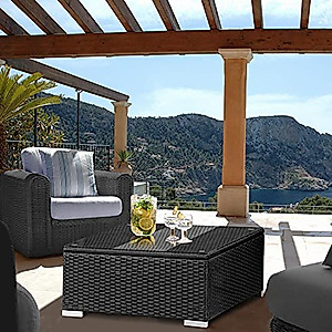 Betterland Patio Furniture Rattan Square Outdoor Coffee Tables, All-Weather Wicker Coffee Table with Tempered Glass Top for Living Room, Backyard, Balcony, Poolside, Garden (Black Brown)