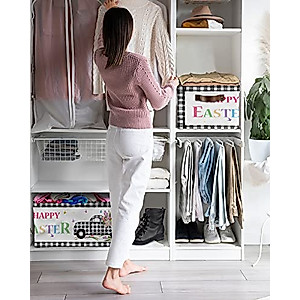 Storage Bins,Spring Truck Bunny Tail Pink Tulip Flower Black White Check Easter Storage Basket with Handles,Waterproof Collapsible Storage Bin,Rabbit Flower Butterfly Storage Organizer Shelves Closet
