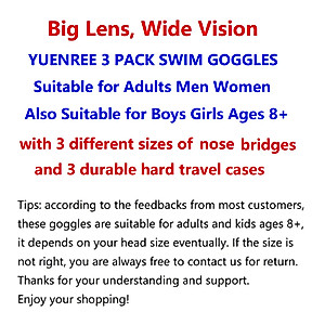 YUENREE Unisex-Adult Swim Goggles - 3 Pack Swimming Goggles for Adults Men Women Youth Teens Ages 8+ - No Leak, Anti-Fog, UV Protection, Easy to Adjust and Non Slip - with 3 Hard Travel Cases