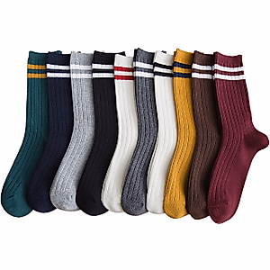 ACCFOD Womens Striped Crew Socks 10 Pairs Cute Retro Long Socks Vintage Fun Fashion Athletic Aesthetic High Socks for Women