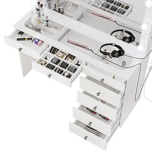 Boahaus Serena LARGE Makeup Vanity with Hollywood Lights Built-in, 7 Drawers, Hollywood Mirror, Hairdryer Hanger, Glass Top, Crystal Knobs, White Vanity Makeup Desk for Bedroom, 58'' Hx47''Wx17''D
