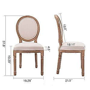 XRHOM Dining Chairs French Upholstered Farmhouse Dining Room Chairs Linen Fabric Round Backrest Carving Solid rubberwood Leg for Bedroom Kitchen Restaurant Chairs, Set of 2, Beige