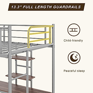 IKIFLY Twin Size Loft Bed with Desk & Storage Shelves, Metal Loft Bed Frame with 2 Built-in Ladders, Safety Guard Rail, Space-Saving Design, Noise Free, No Box Spring Needed - Silver Grey