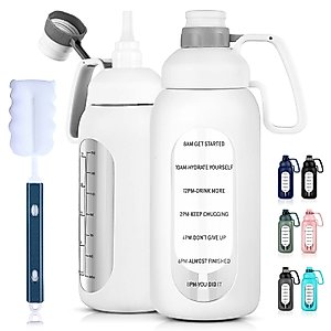 Aqulea Glass Water Bottle 64 oz - Big, Leakproof, Pregnancy Tracker, Gym Bottle with Straw and Time Marker (White)