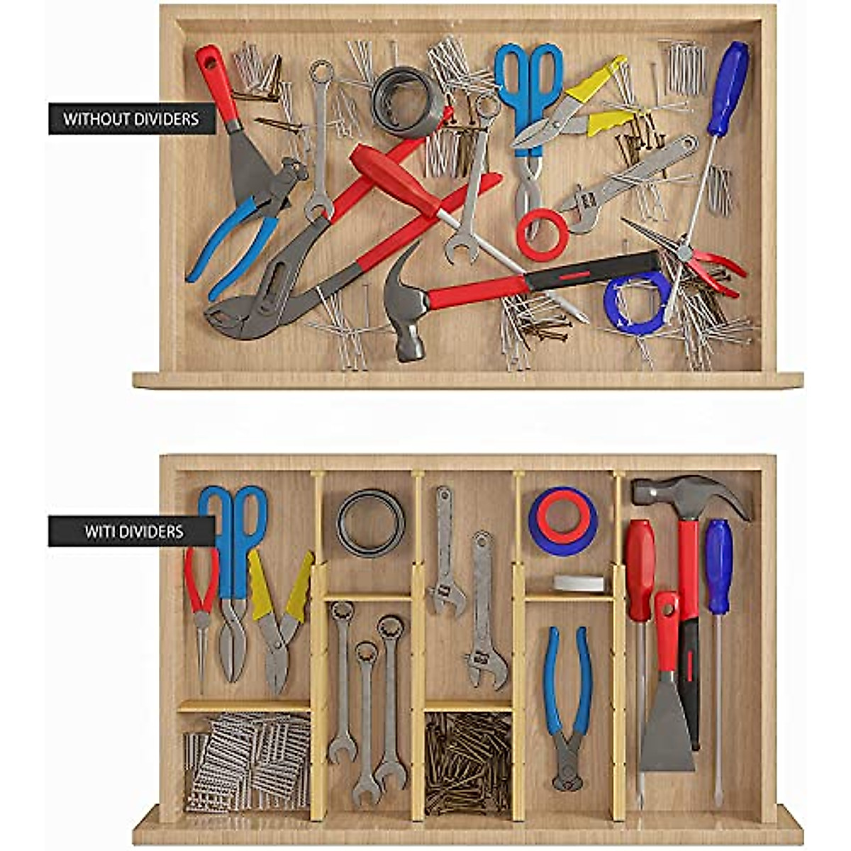 ecozoi Bamboo Drawer Divider Organizers, Set of 6 Dividers with 8 Connectors for Flexible Organizing