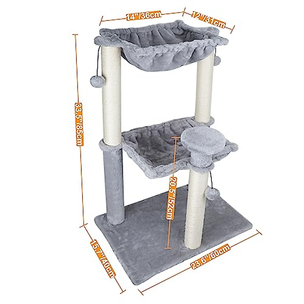 Dimaka Cat Tree Tower with 2 Big Soft Spacious Top Hammocks for Indoor Cats,Multi-Level Cat Furniture with 3 Dangling Balls for Adult Cats,Gray(33.5" Tall)