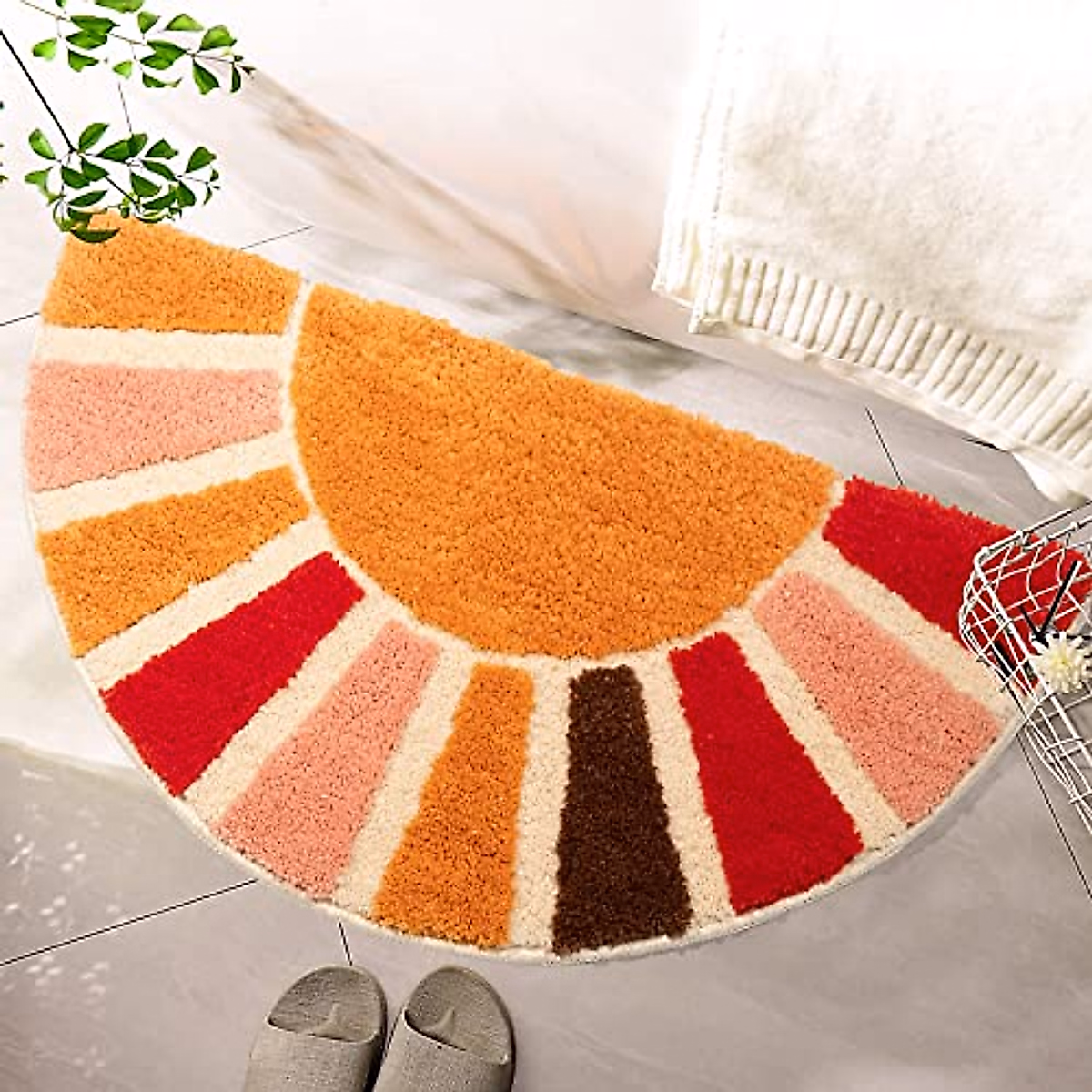 NOTASA Boho Bathroom Rugs Half Circle Bath Mat Cute Bohemian Bath Rug for Bedroom Large Carpet Home Decor Non-Slip Semi Round Shower Rug Funny Washable Indoor Floor Door Mat Sun Retro 20x37inch