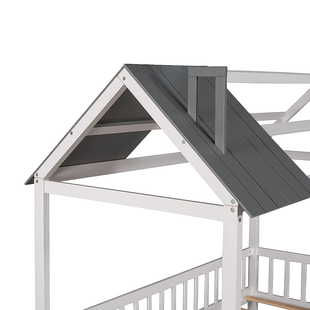 Bellemave Twin House Bed Kids Montessori Beds Playhouse Bed Tent Bed, Solid Wood Platform Bed Frame with Fence and Roof for Kids Teens Girls Boys (White+Gray)
