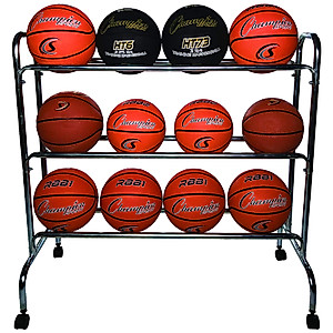 Champion Sports Three Tier Basketball Storage Cart Rack, 12 Ball Capacity (Silver)