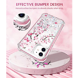 Caka Case for iPhone 11 Glitter Case Flower Bling Liquid Protective Full Body Heavy Duty with Built in Screen Protector Love Glitter Pink Blossom for Women Girl Case for iPhone 11 (6.1 inch)(Cherry)