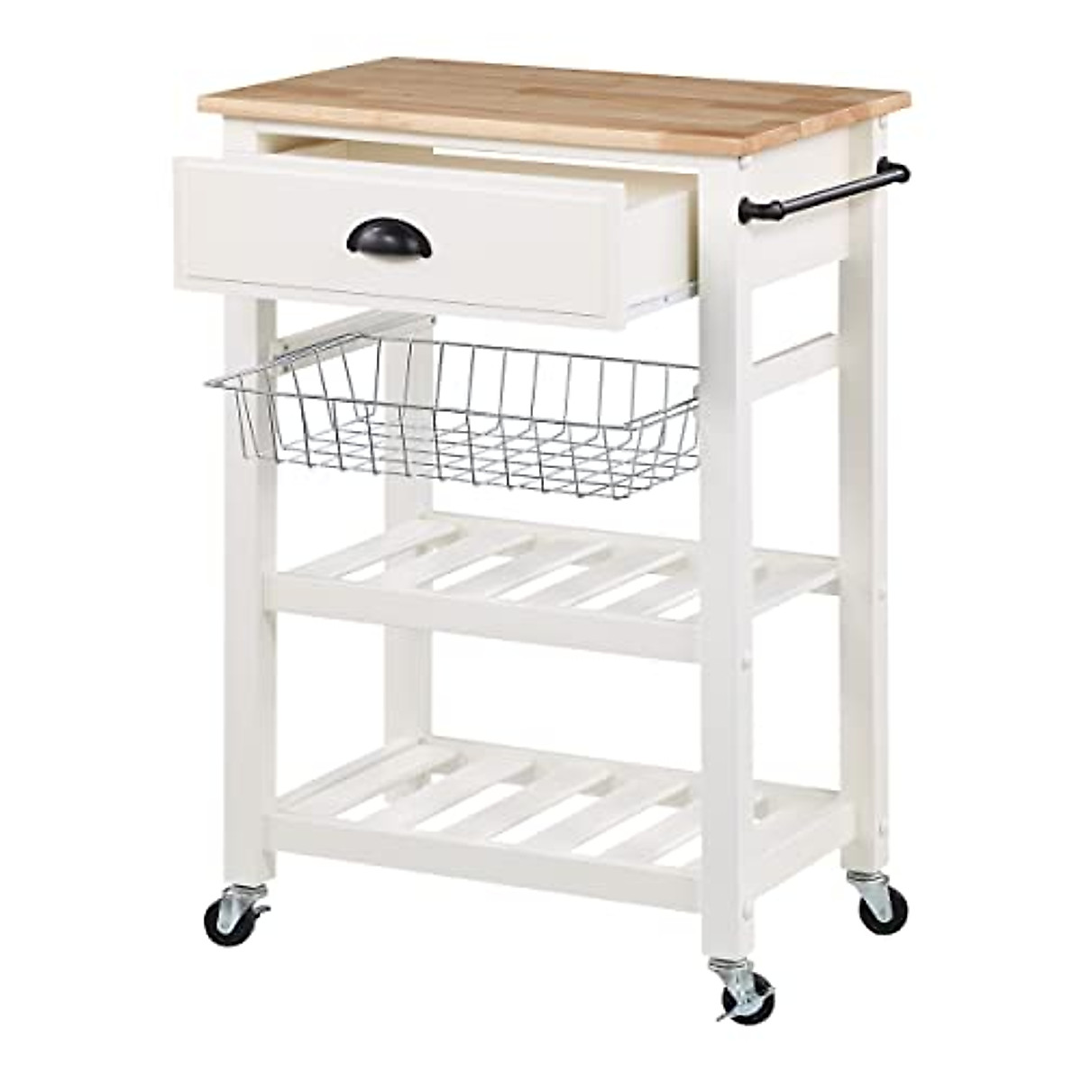 OS Home and Office Furniture Model HMPNW-11 Hampton Kitchen Cart in White with Solid Rubberwood Top