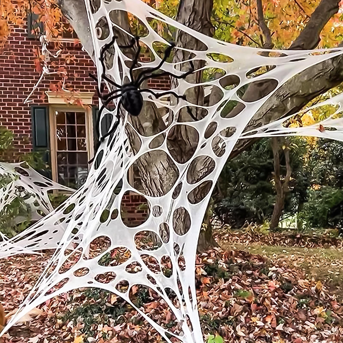 Beef Netting Spider Web for Halloween Outdoor Decoration White Stretchy Beef Netting Roll Spider Web with Purple LED String Lights for Light Up Scary Halloween Yard Garden Decorations