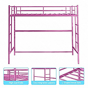 cuoote Metal Twin Size Loft Bed Frame, Multifunctional Twin Size Loft Bed with Ladder and Guardrail, Space-Saving Design, No Box Spring Needed, Modern Industrial Style, Pink