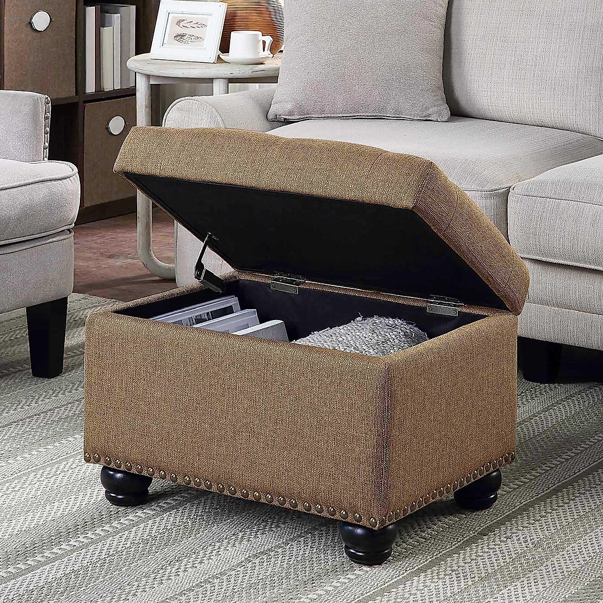 Convenience Concepts Designs4Comfort 5th Avenue Upholstered Storage Ottoman 24" - Contemporary Foot Stool and Seat with Hinged Lid for Living Room, Dining Room, Office, Sandstone Fabric