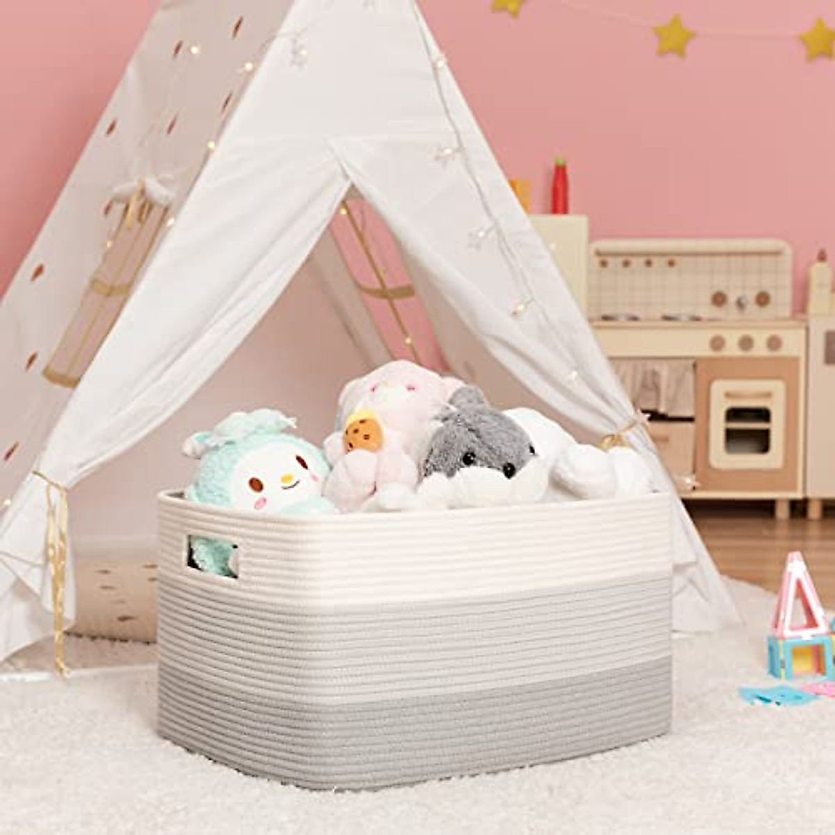 OIAHOMY Cotton Rope Basket 71L - Blanket Basket Living Room,Kids Woven Basket with Handle, Nursery Storage Basket,Baby and doy Toy Baskets Bin, Gradient Grey