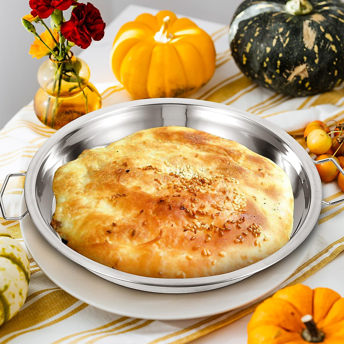 Luxshiny 2PCS Stainless Steel Roasting Pan, Pizza Cake Baking Tray Round Roaster Pan Stainless Steel Drip Pan for Turkey Baking,Roast Chicken