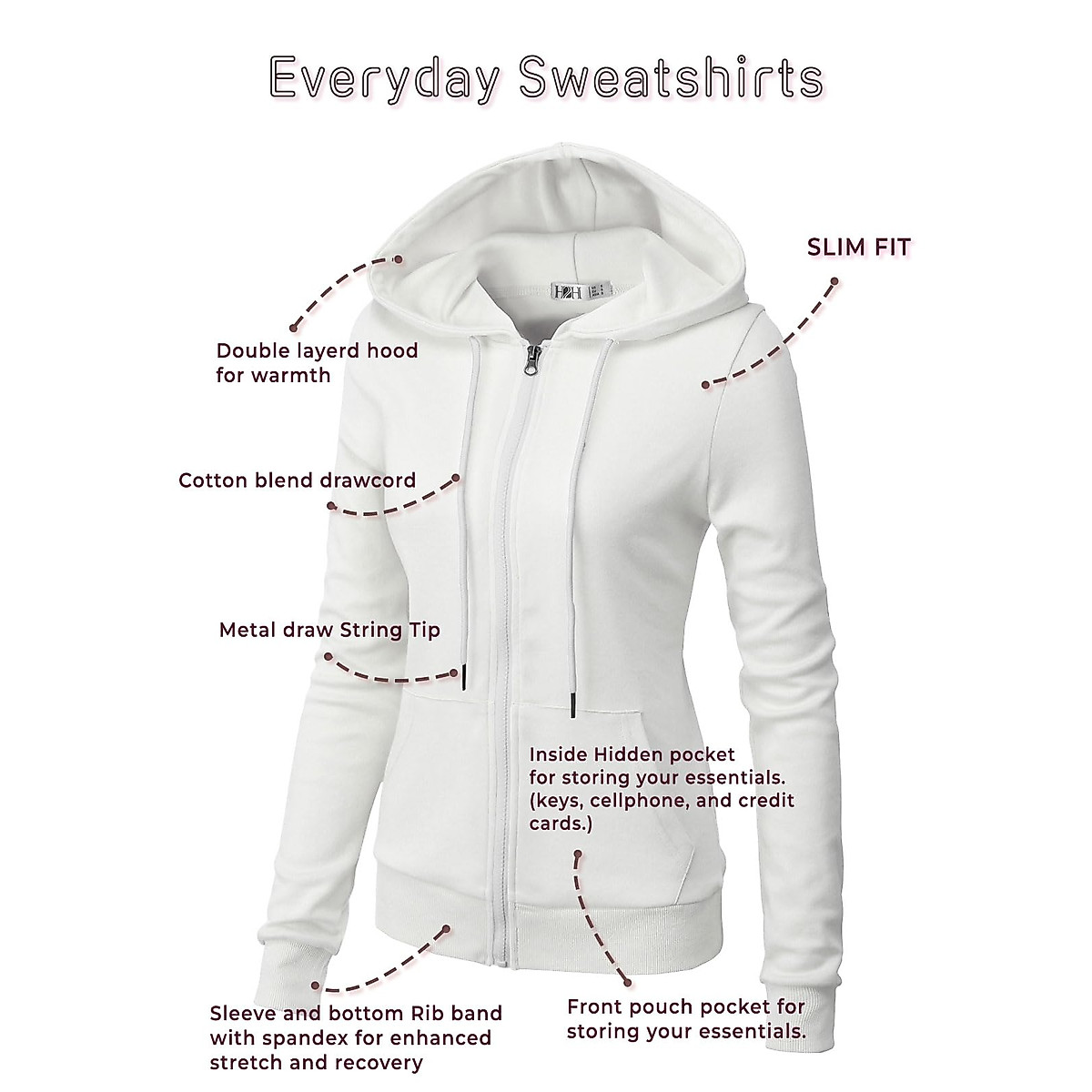 H2H Women's Slim Fit Basic Zip Up Hoodie Sweatshirt Lightweight Long Sleeve with Pocket CHARCOAL US M (CWOHOL030)