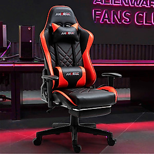 ANBEGE Gaming Chair Retractable Footrest 2D Armrest Office Chair Height Adjustable Leather High Back Ergonomic Headrest Massage Lumbar Cushion Swivel Rocker Recliner Computer Chair (RED)