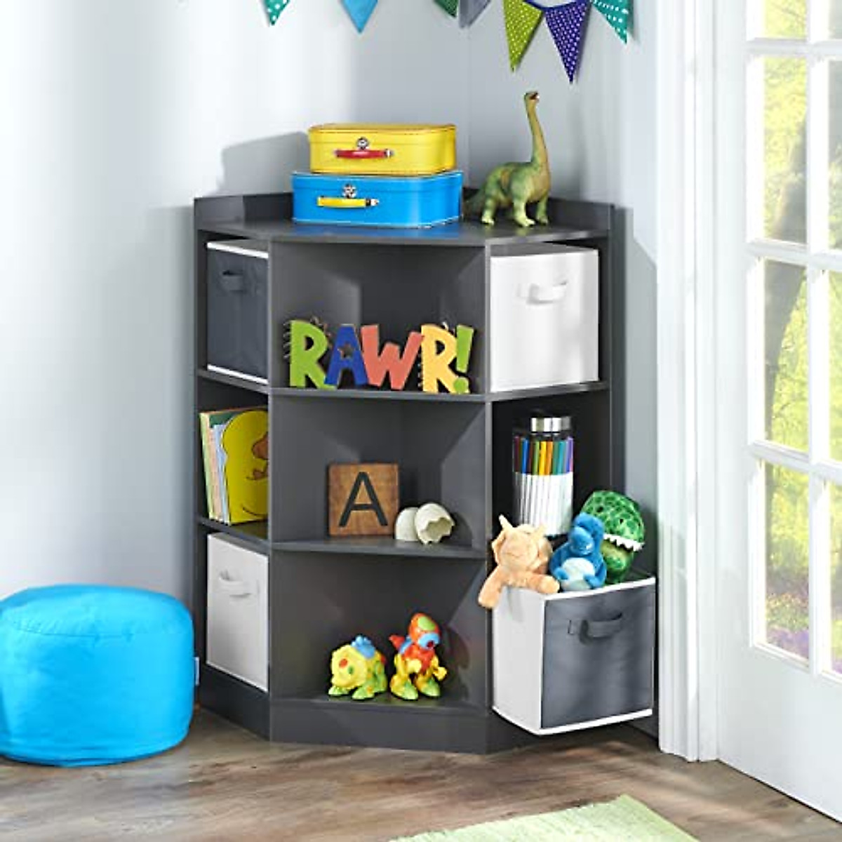 Badger Basket Corner Cubby Toy Storage Unit for Kids with 4 Removable Baskets - Charcoal (98813C)