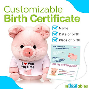 infloatables Pig Stuffed Animal, 12 Inches Pig Plush, Pink Stuffed Pig, Cute Pig Toy for Girls & Boys with I Love You Shirt, Stuffed Pig with Customizable Birth Certificate, Cuddly Piggy Plush