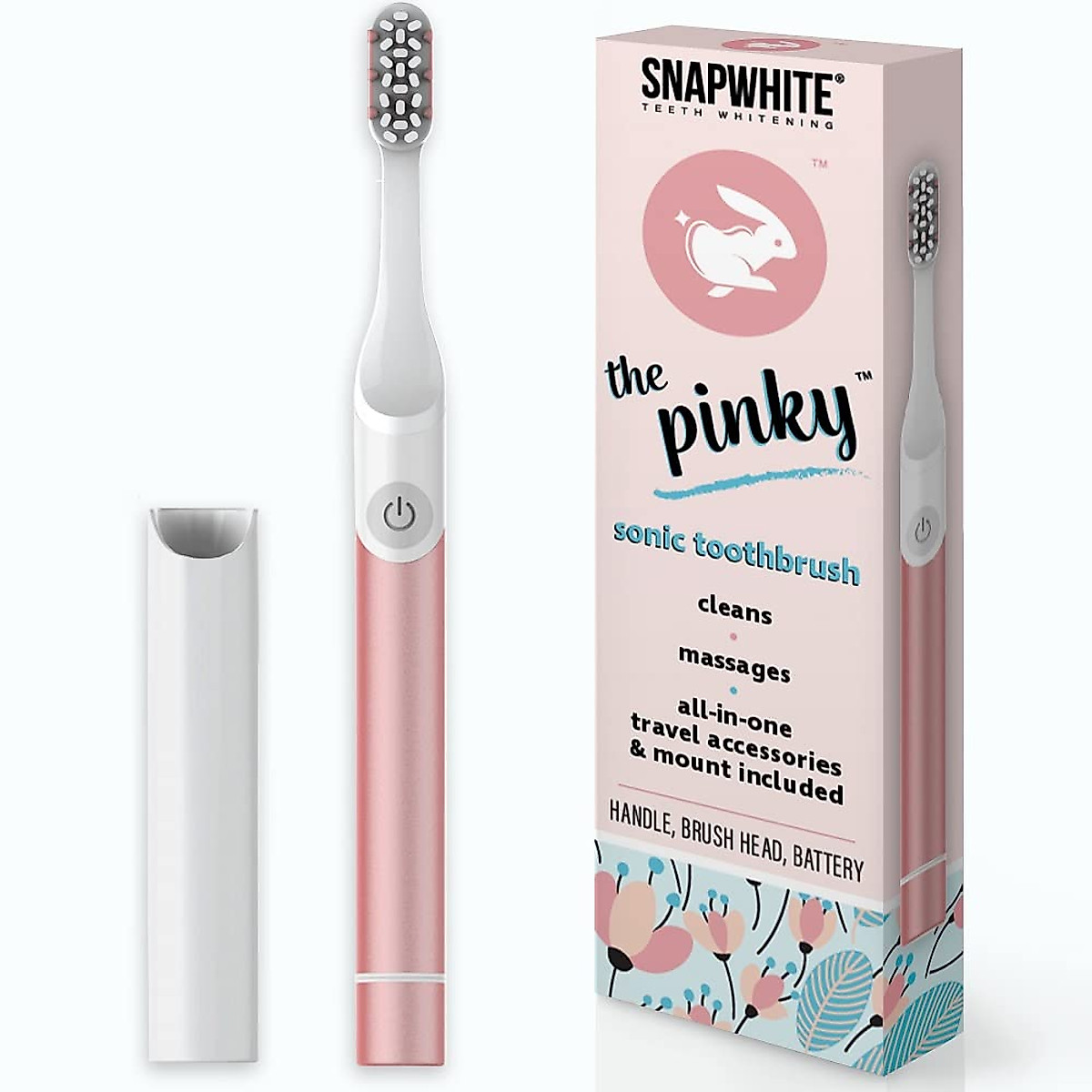 SnapWhite Pinky Quip-Like Rechargeable Electric Toothbrush for Adults/Kids, Soft Nylon and Rubber Bristles for Deep Cleaning, Quadrant Method Timer, Wall Mount/Travel Cover, Rose Gold