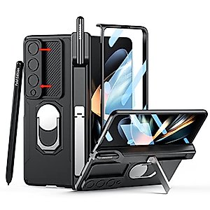 Libeagle Compatible with Samsung Galaxy Z Fold 4 Case [Heavy Duty Protective][Camera Lens Cover][S Pen Holder & Hinge Protection][Screen Protector][Safe to Hold with Ring] Rugged Stand 5G 2022-Black
